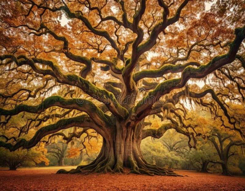 Large Oak Tree with Twisted Branches and Moss-covered Trunks Stands in ...