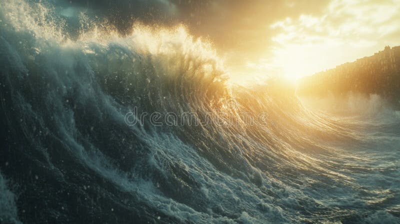 A Large Ocean Wave Breaking at Sunset Near a Coastal Structure Stock ...