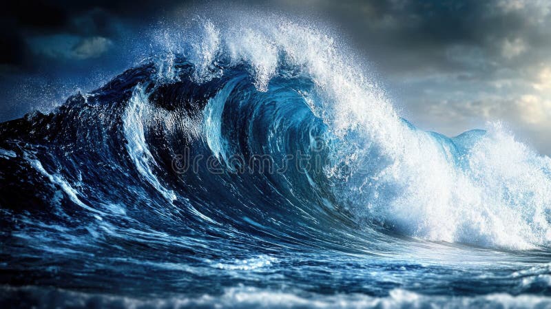 A Large Ocean Wave Breaking on the Surface of the Water, with White ...