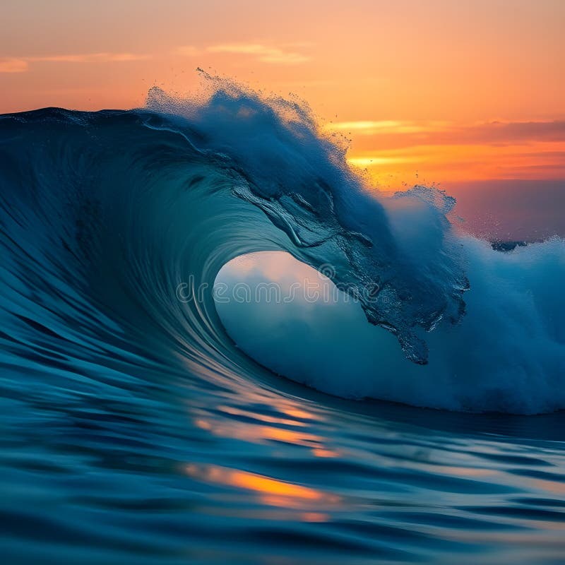 Large Wave Breaking at Sunset with Water Drops AI Generated Stock Photo ...