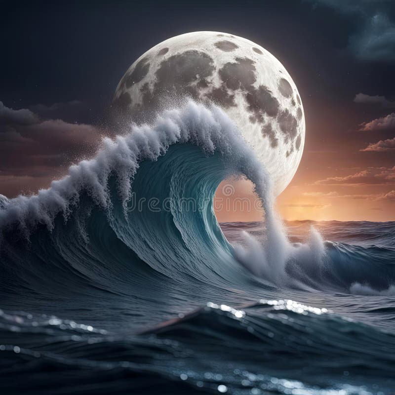 Full Moon with Dramatic Ocean Wave Stock Illustration - Illustration of ...