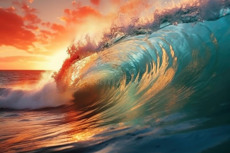 The Large Ocean Wave Hitting the Shore at Sunset. Generative AI Stock ...