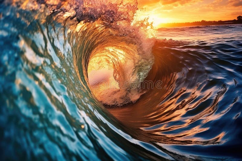 The Large Ocean Wave Hitting the Shore at Sunset. Generative AI Stock ...