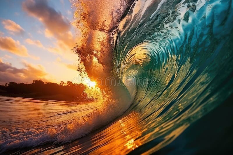 The Large Ocean Wave Hitting the Shore at Sunset. Generative AI Stock ...