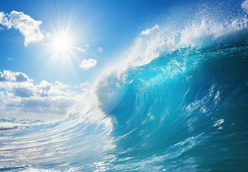 A Large Ocean Wave with Sunlight Shining through Clouds Stock Image ...
