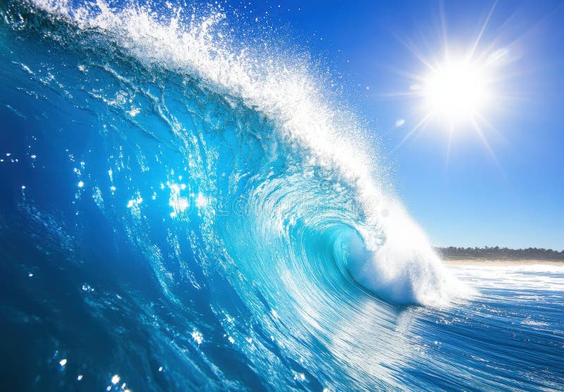 A Large Ocean Wave with Sunlight Shining through Clouds Stock Image ...