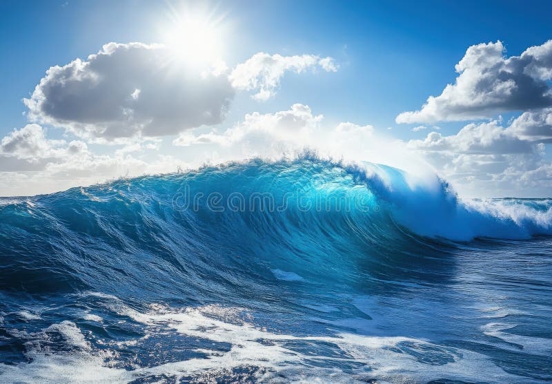 A Large Ocean Wave with Sunlight Shining through Clouds Stock Photo ...