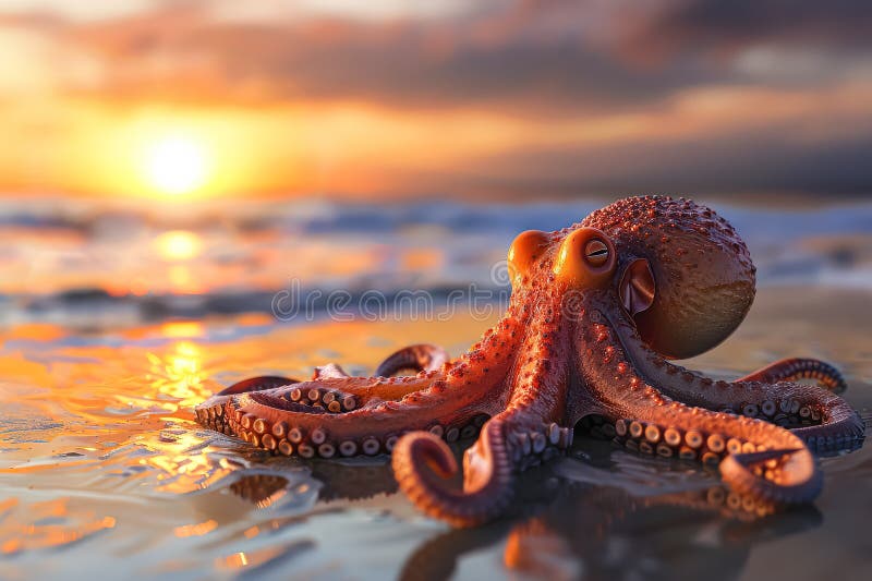Large Octopus is on the Beach at Sunset Stock Photo - Image of ocean ...