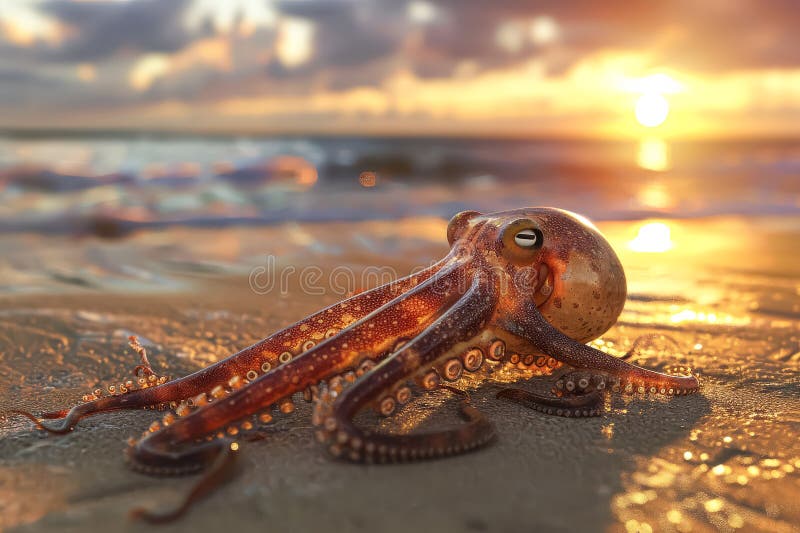 Large Octopus is on the Beach at Sunset Stock Photo - Image of sand ...