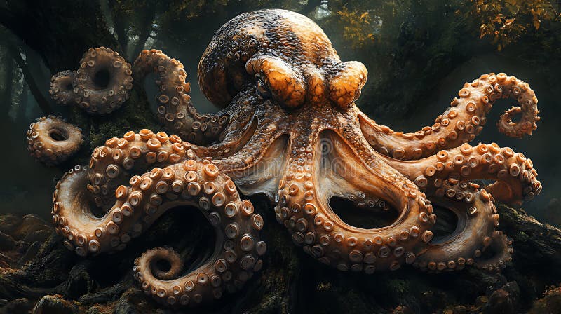 A Large Octopus with Its Tentacles Wrapped Around a Tree Trunk, Its ...