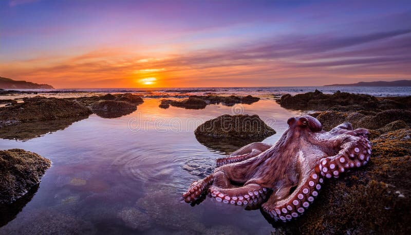 A Large Octopus is Laying on a Rock in the Ocean Stock Photo - Image of ...