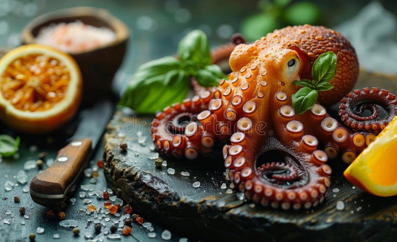 A Large Octopus is Sitting on a Plate with a Slice of Orange and Some ...