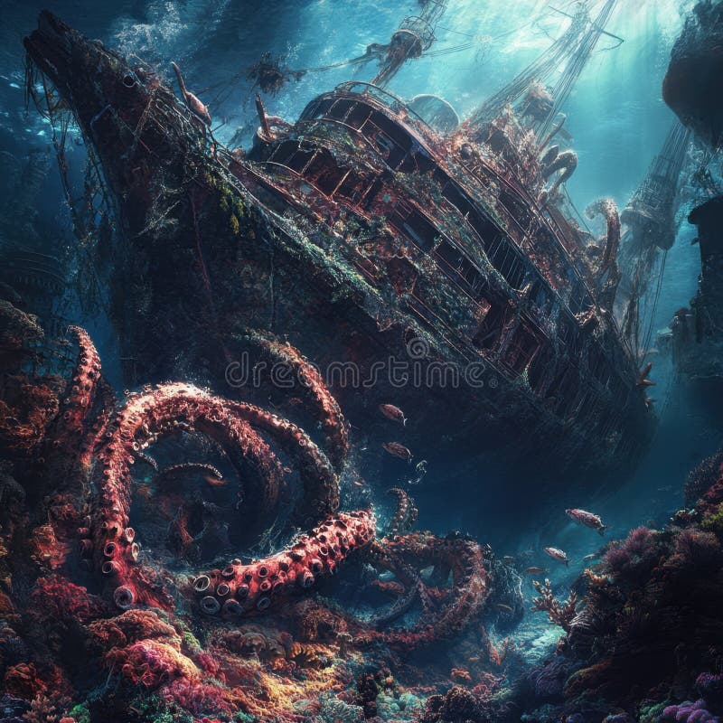 A Large Octopus is Swimming in a Dark Murky Ocean with Generative AI ...