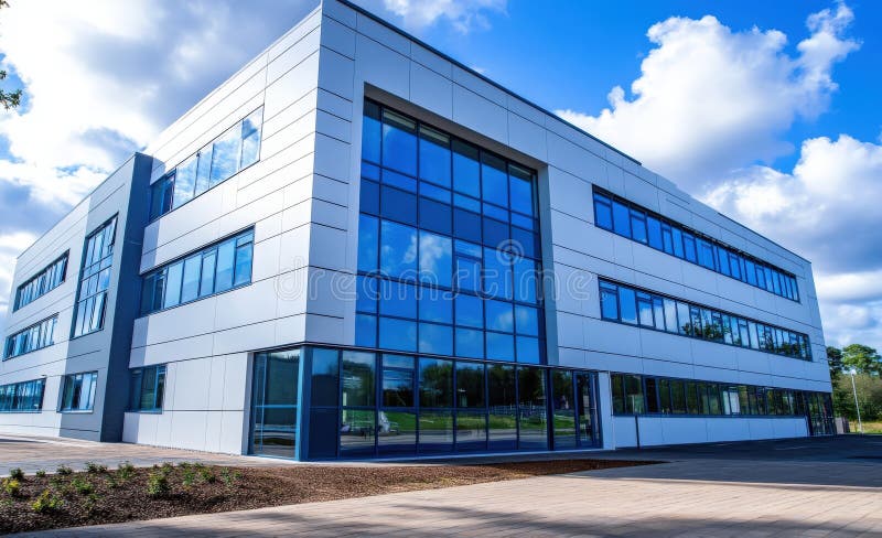 A Large Office Building with Many Windows Against a Blue Sky Stock ...