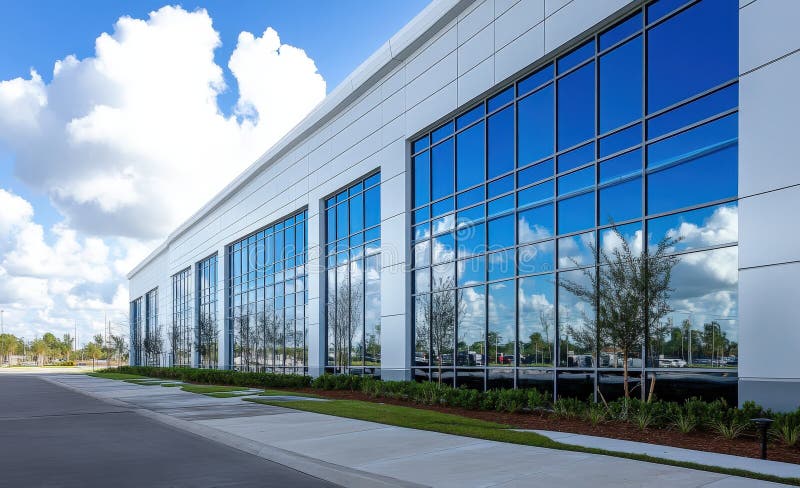A Large Office Building with Many Windows Against a Blue Sky Stock ...