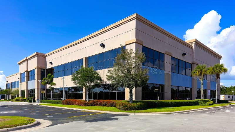 A Large Office Building with a Parking Lot in Front of it Stock Photo ...
