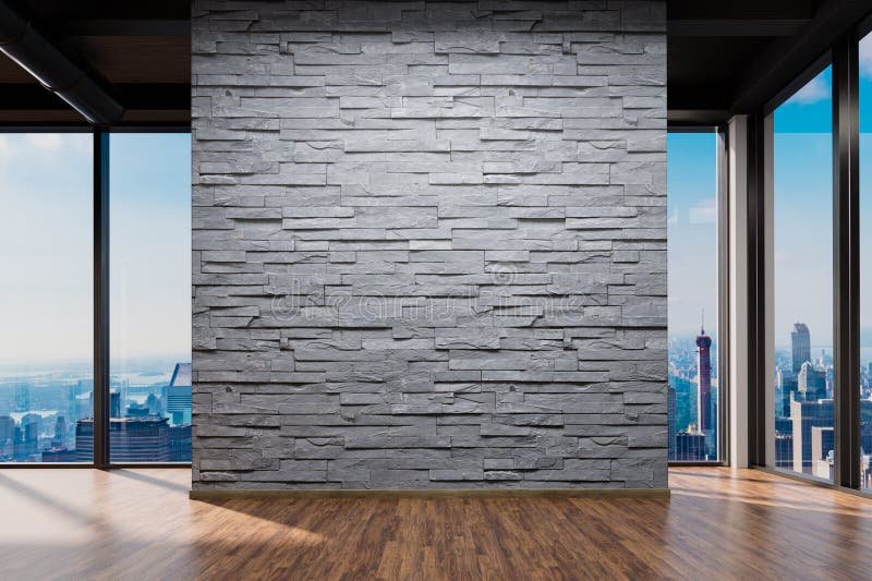Large Office with Centered Blank Grey Stone Tile Wall and Copy Space in ...