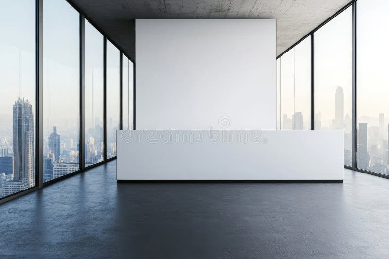 Large Office Corridor with Reception Desk, Panoramic Windows and ...