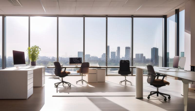 Bright Modern Office Natural Daylight Blurred City Skyline Background ...