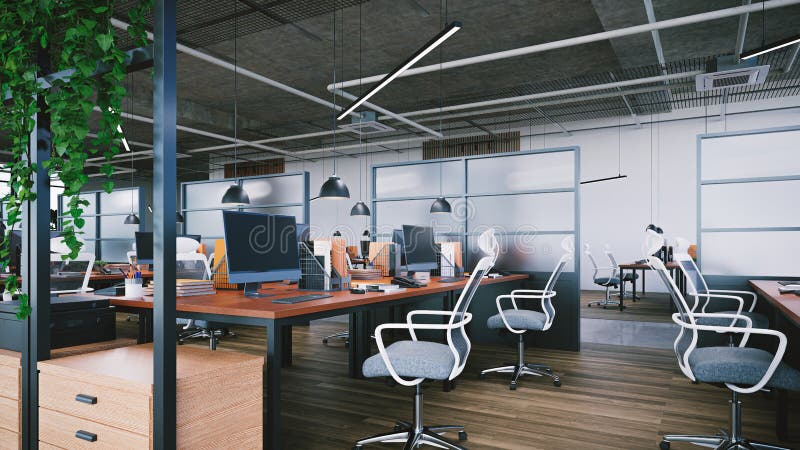 Large Office Interior with Plants and Open Ceiling, 3d Rendering Stock ...