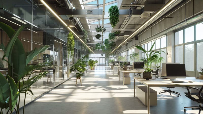 Large Office Interior with Plants and Open Ceiling Office. Loft ...