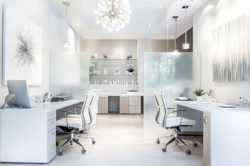 A Large Office with Many Desks, Chairs, Computers, and Printers Stock ...