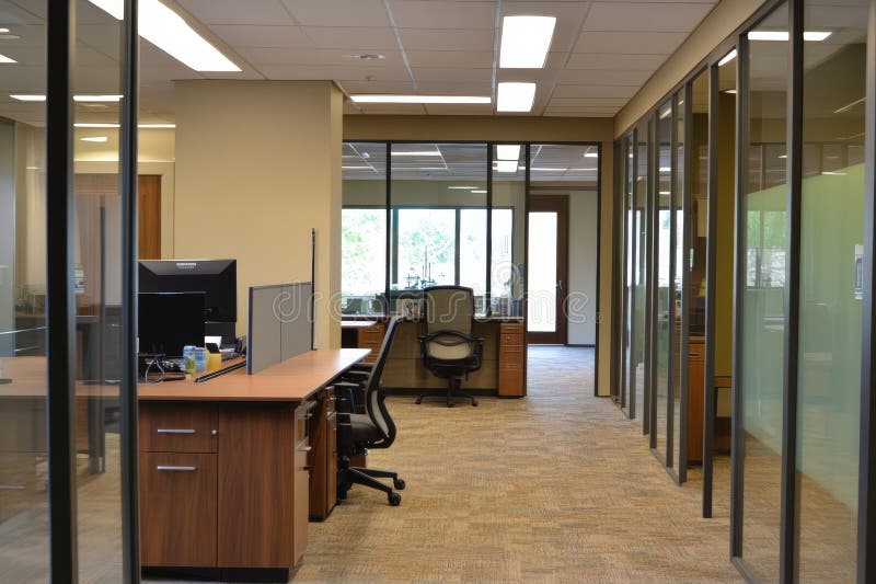 A Large Office with Many Desks, Chairs, Computers, and Printers Stock ...
