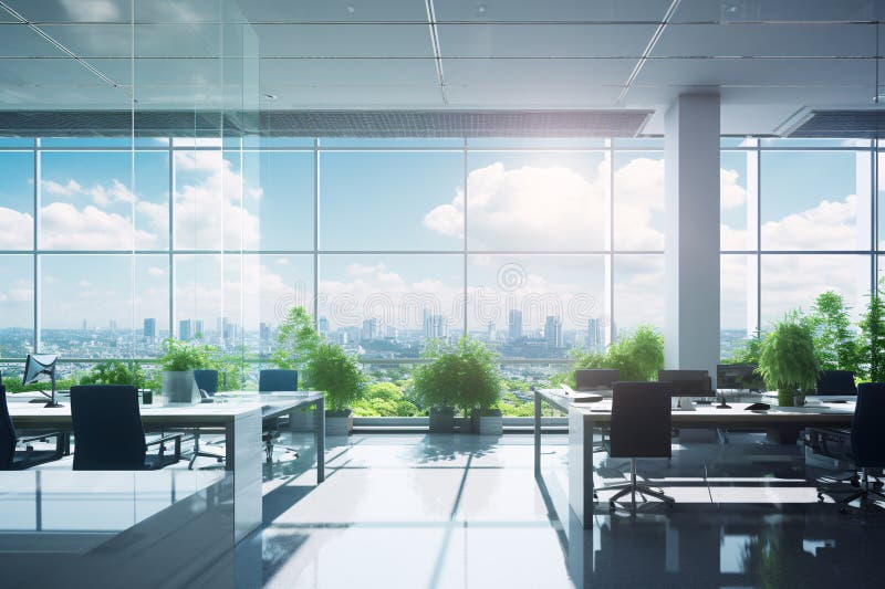 A Large Office Space with a View of the City Stock Illustration ...