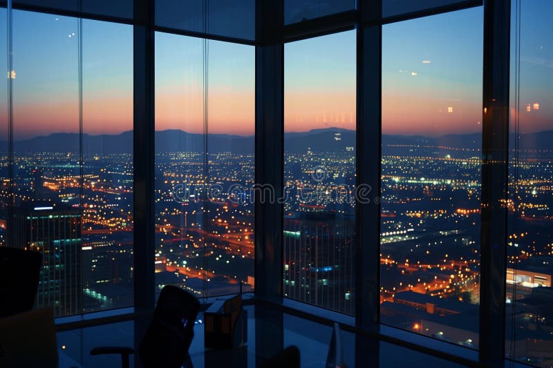 Large Office Window View, City Lights Reflect on Glass Stock Photo ...