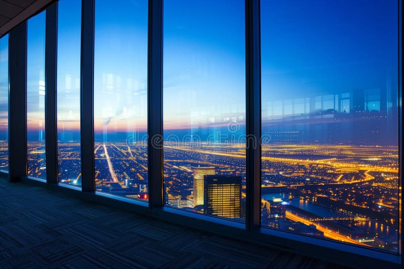 Large Office Window View, City Lights Reflect on Glass Stock Photo ...