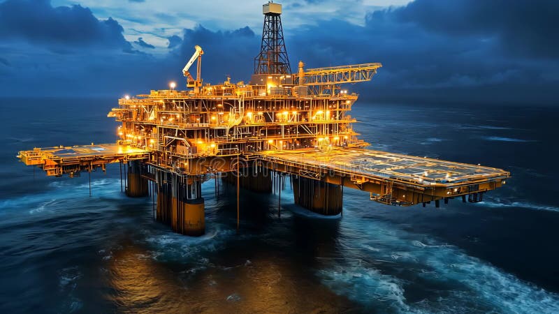 Large Offshore Oil Rig Operating in the Ocean during Twilight ...