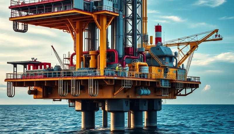 Offshore Oil Rig Platform in Ocean with Workers and Industrial ...
