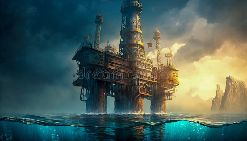 Large Oil Extraction Rig or Platform Standing in the Sea, Underwater ...