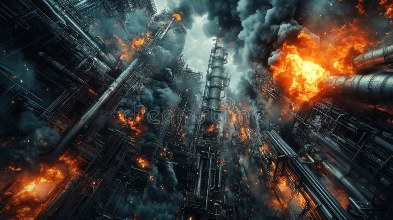 Large Oil Refinery Fire and Emergency Fire Case Stock Illustration ...