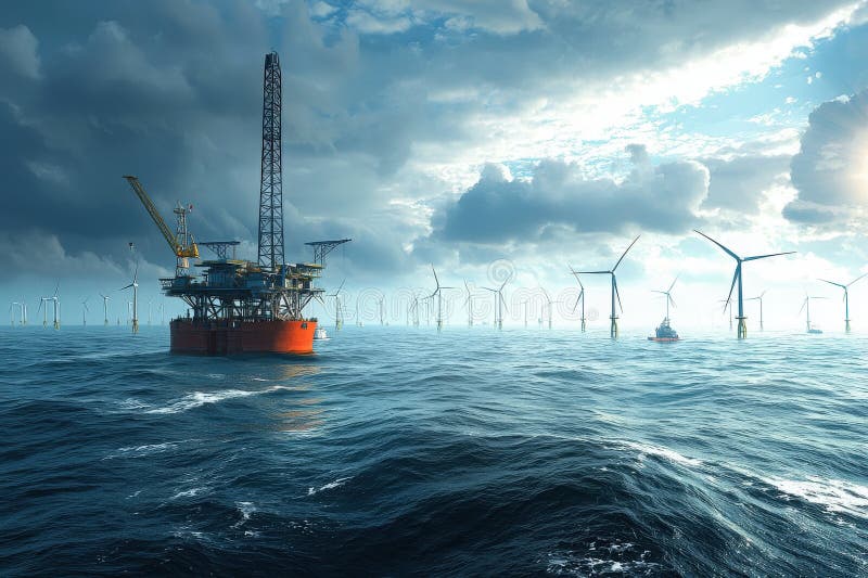 Offshore Wind Farm and Oil Rig Under Dramatic Clouds in the Ocean ...
