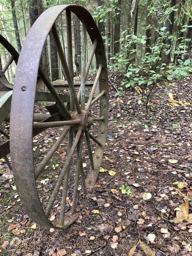 Large Old Iron Wheel in the Forest Stock Photo - Image of forest ...