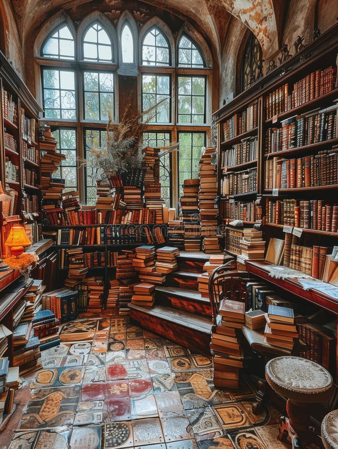 A Large Old Library Filled with Books and Warm Light Creates a Serene ...