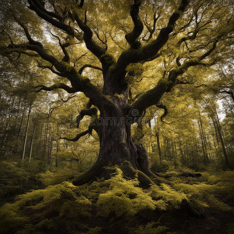 A Large Old Oak Tree is in the Woods. the Tree Has a Thick Trunk and ...