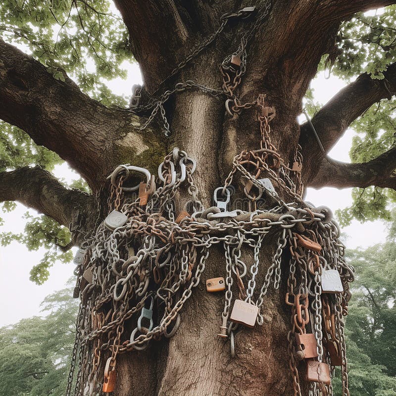 A Large Old Tree Entangled in Many Chains with Locks, a Sacred Magic ...
