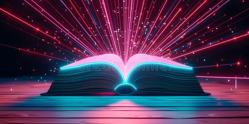 A Large Open Book with Bright Neon Rays Emanating from the Center of ...