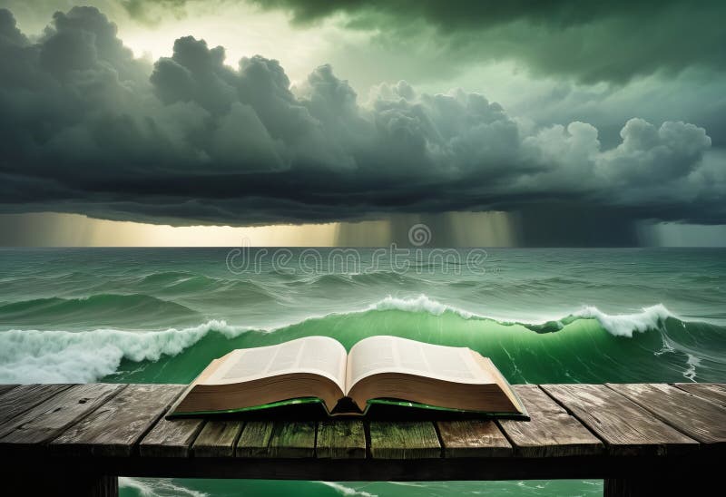 A Large Open Book Floating on a Wooden Dock Stock Illustration ...