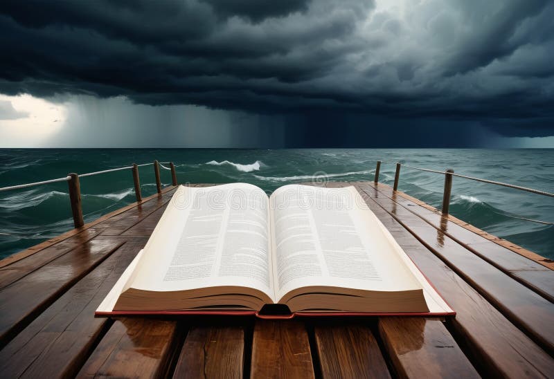 A Large Open Book Floating on a Wooden Dock Stock Illustration ...