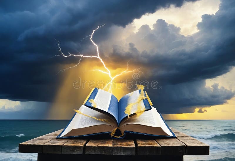 A Large Open Book Floating on a Wooden Dock Stock Illustration ...
