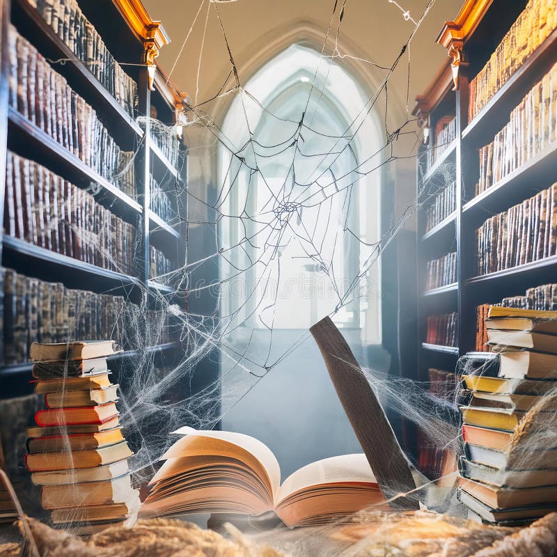Open Book in Dusty Library with Spider Webs. Generative AI Stock Image ...