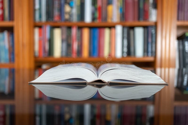 Large Open Book on Top of a Glass Table with a Library Full of Books in ...