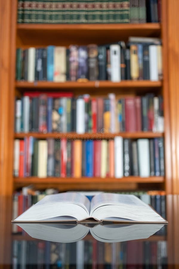 Large Open Book on Top of a Glass Table with a Library Full of Books in ...