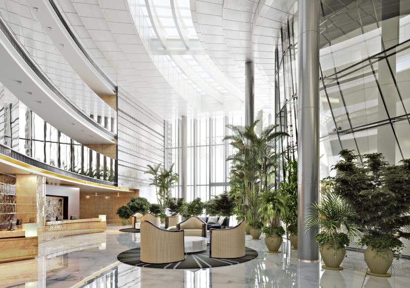 Large Open Concept Contemporary Atrium Style Resort Lobby Interior ...