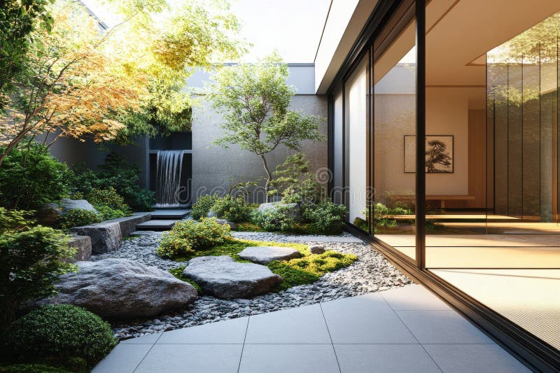 A Large, Open Courtyard with a Waterfall and a Stone Path Stock Image ...