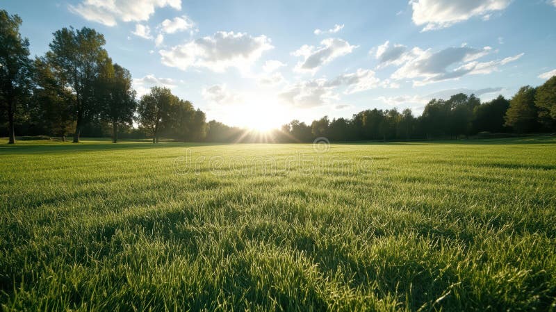 A Large, Open Field of Grass with a Bright Sun Shining Down on it Stock ...