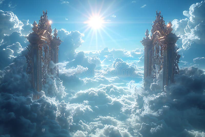 Large Open Gates of Heaven in the Clouds, Blue Sky Background, Bright ...